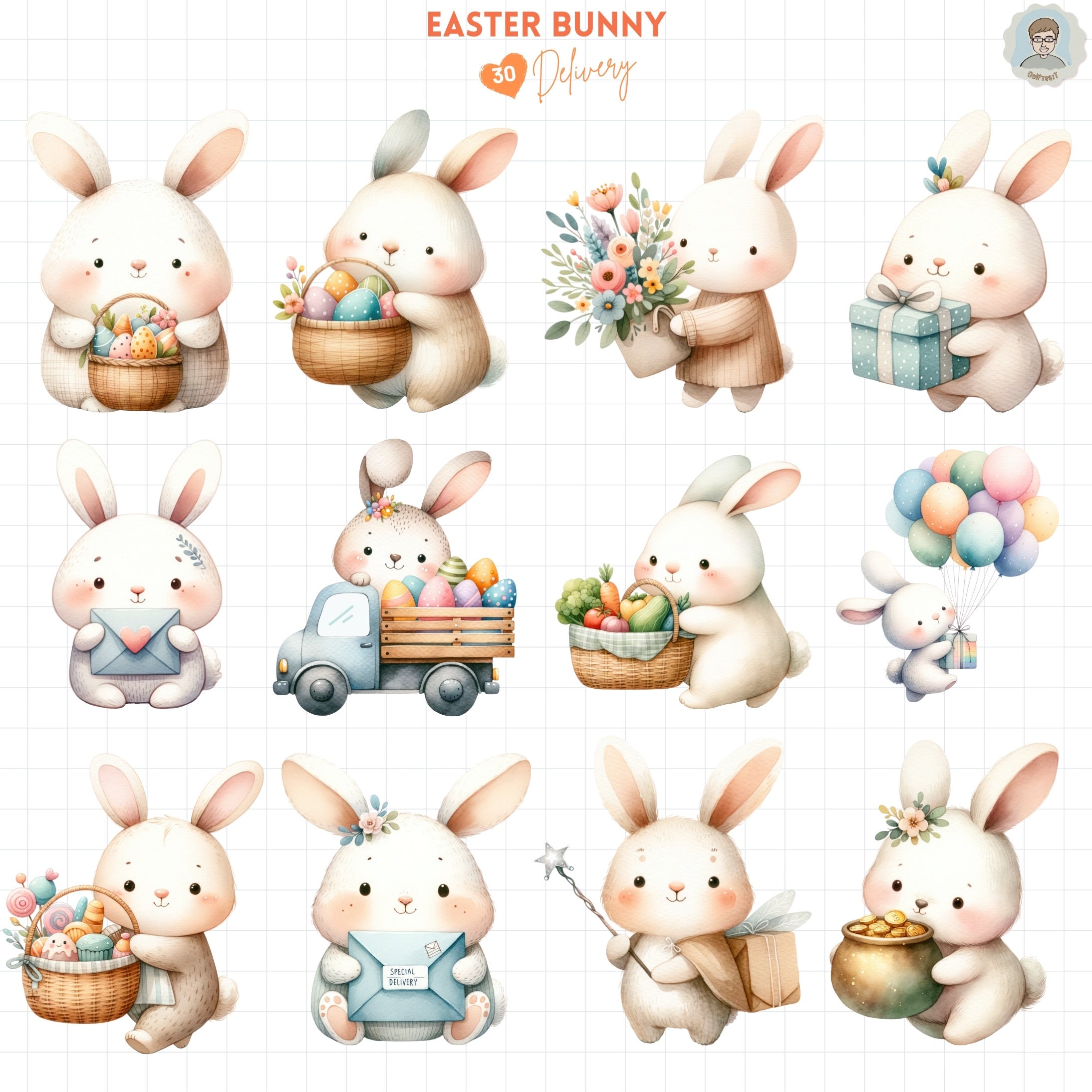 Easter Bunny Delivery Clipart, Adorable Springtime Bunny PNG Collection ...
