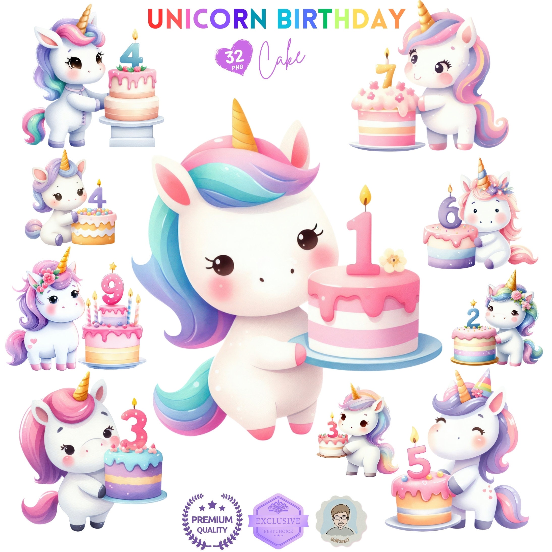 Watercolor Unicorn Birthday PNG Clipart, Birthday Cake 1-9 Year Olds ...