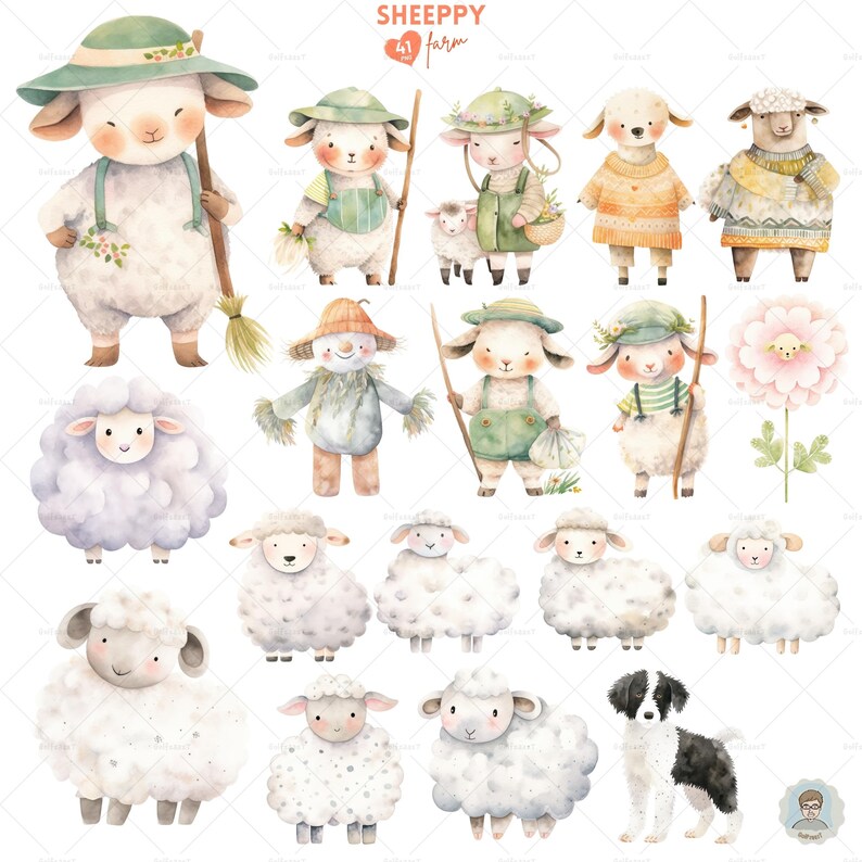 Cute Sheep Farm Clipart, Farm Animals Watercolor PNG, Sheep Farmer ...