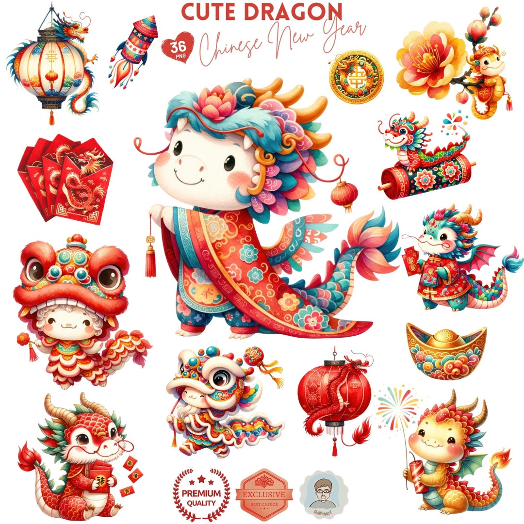 2024 Cute Dragon Clipart, Chinese New Year Watercolor Clipart, Lion ...