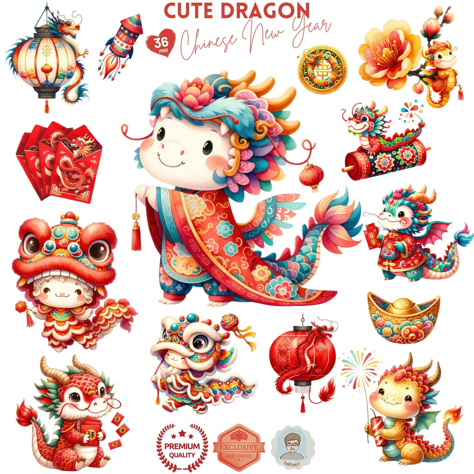 2024 Cute Dragon Clipart, Chinese New Year Watercolor Clipart, Lion ...