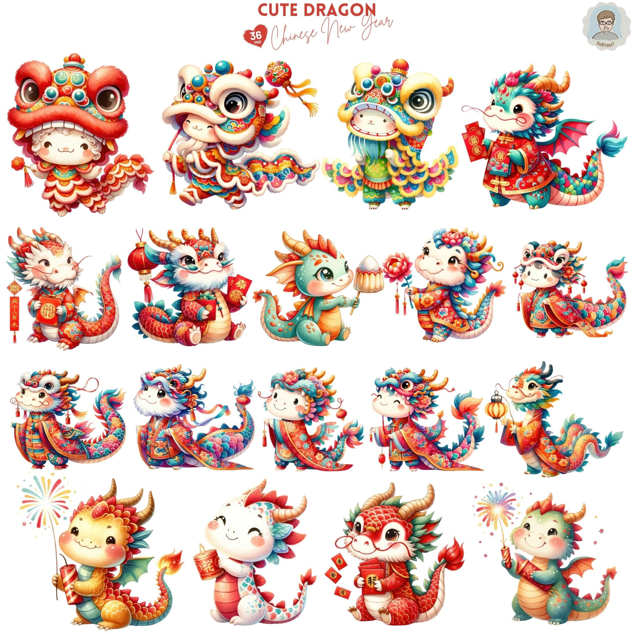 2024 Cute Dragon Clipart, Chinese New Year Watercolor Clipart, Lion ...