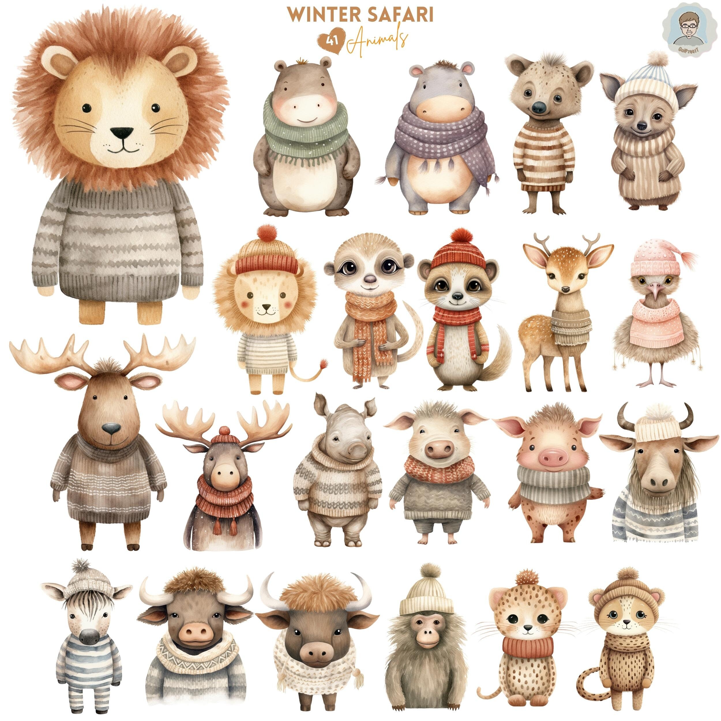 Winter Safari Baby Animal Clipart, Jungle Animal Nursery, Watercolor ...