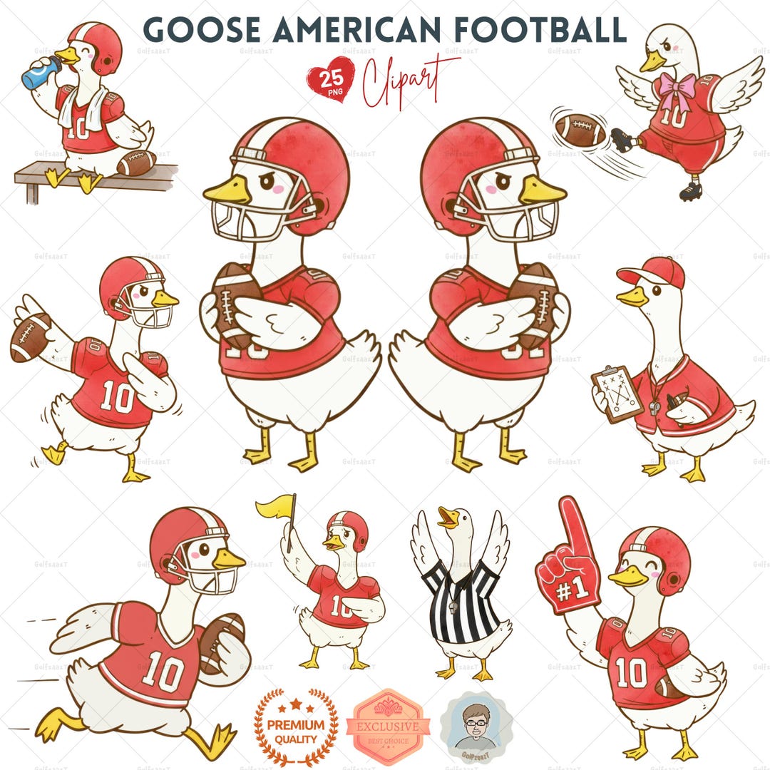 Cute Goose American Football Red Team Clipart PNG Set, Kids Stickers ...