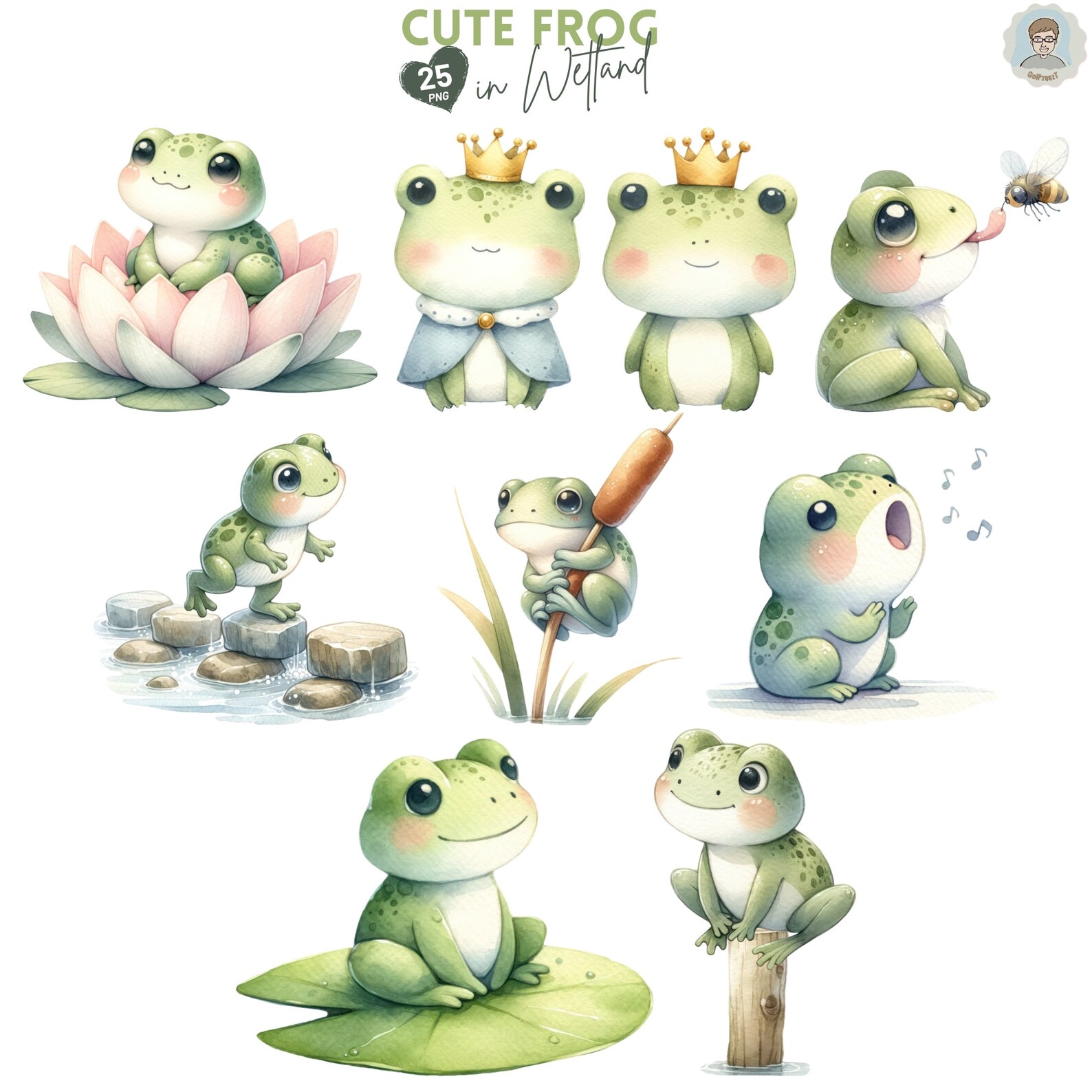 Cute Frog in Wetland Clipart, Whimsical Frogs PNG Collection, Love Frog ...