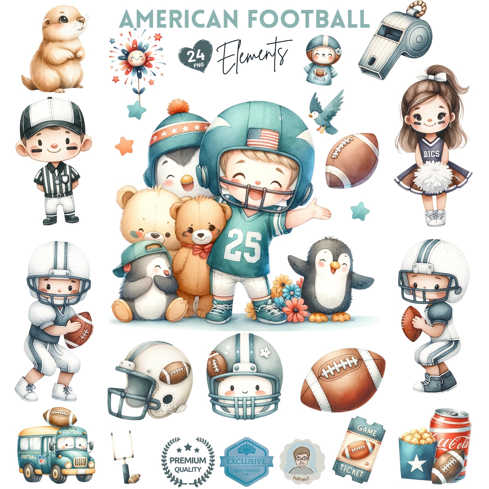 Cute Watercolor American Football Clipart Set, Cute Sports ...