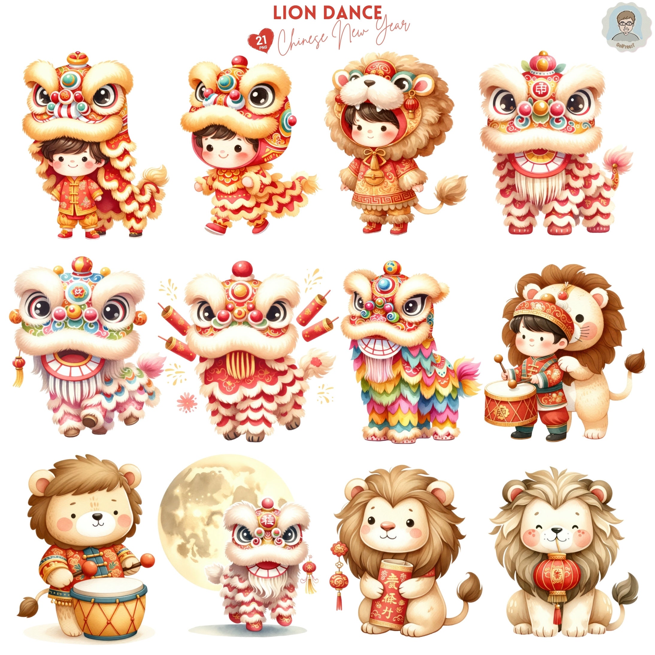 Lion Dance, 2024 Cute Chinese New Year Watercolor Clipart, Traditional ...