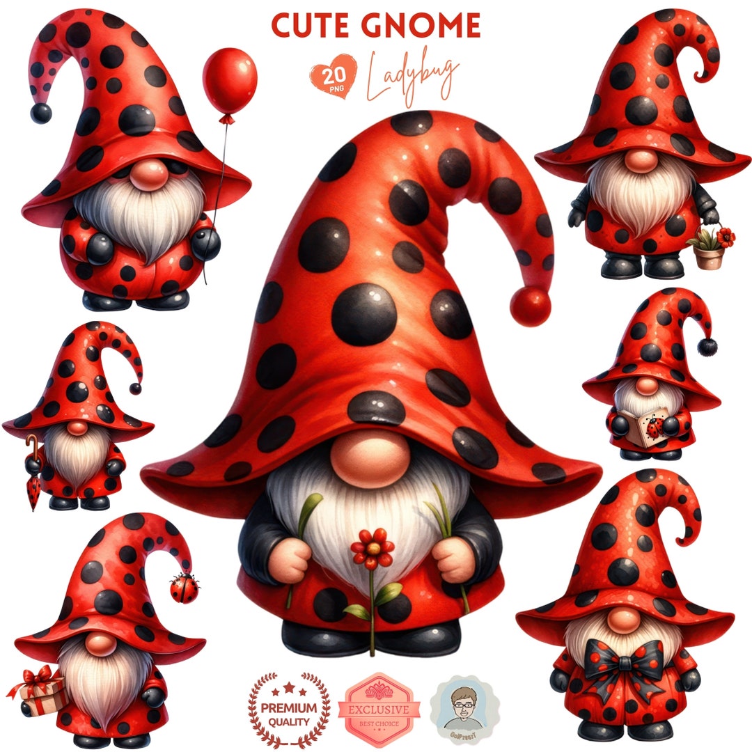 Ladybug Charms Gnome Clipart, Whimsical Red Gnome PNG, Nursery ...