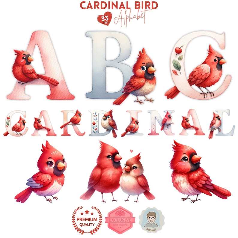 Watercolor Red Cardinal Bird Alphabet, A-Z Cardinal Letters, Red ...