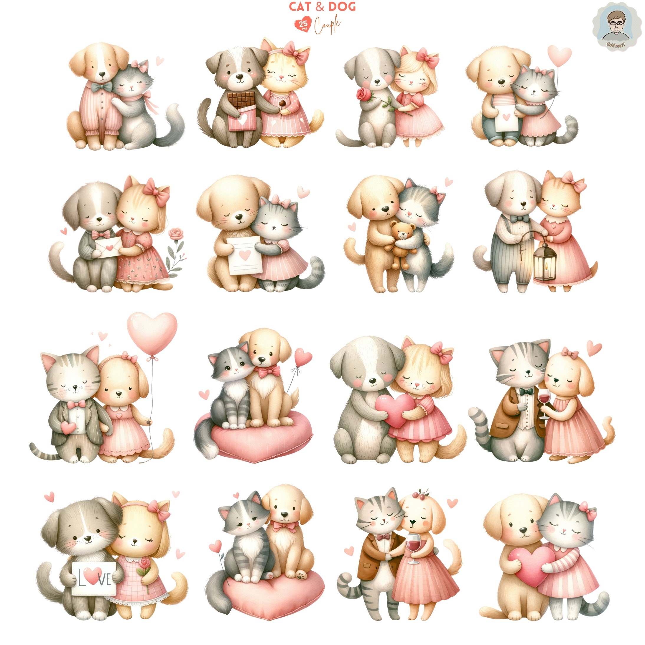 Watercolor Cats and Dogs in Love Clipart, Cat-dog Couple Png, Romantic ...