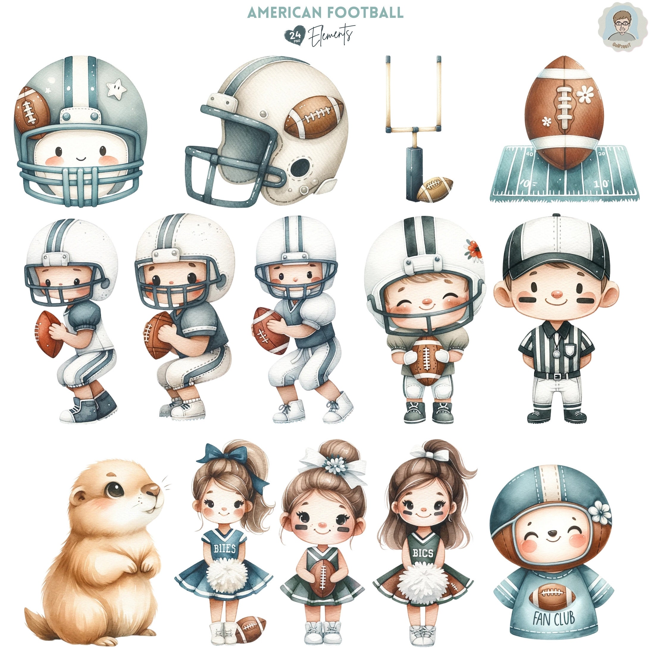 Cute Watercolor American Football Clipart Set, Cute Sports ...
