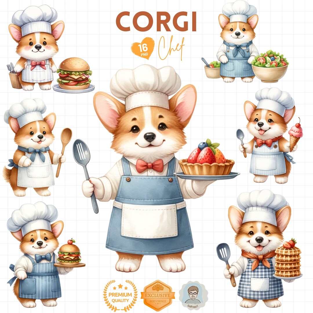 Adorable Corgi Chef Clipart Collection, Cute Dog Cooking, Cute Animal Chef, Kitchen Decor, Gift ...