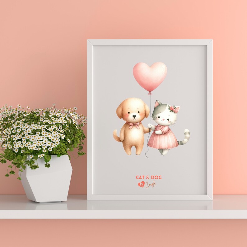 Watercolor Cats and Dogs in Love Clipart, Cat-dog Couple Png, Romantic ...