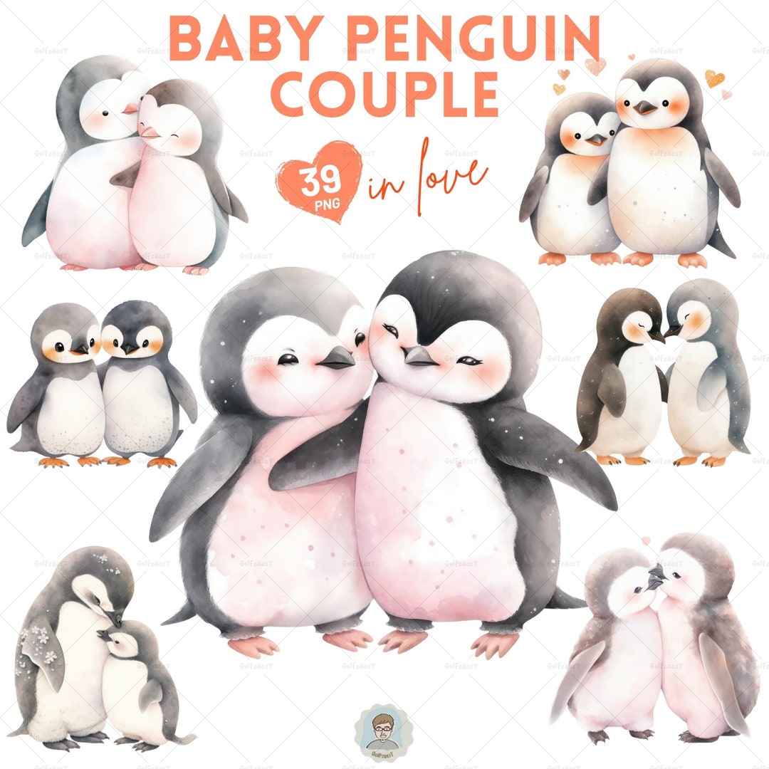 Watercolor Penguin Couple, Baby Penguins Clipart, Romantic Animal ...
