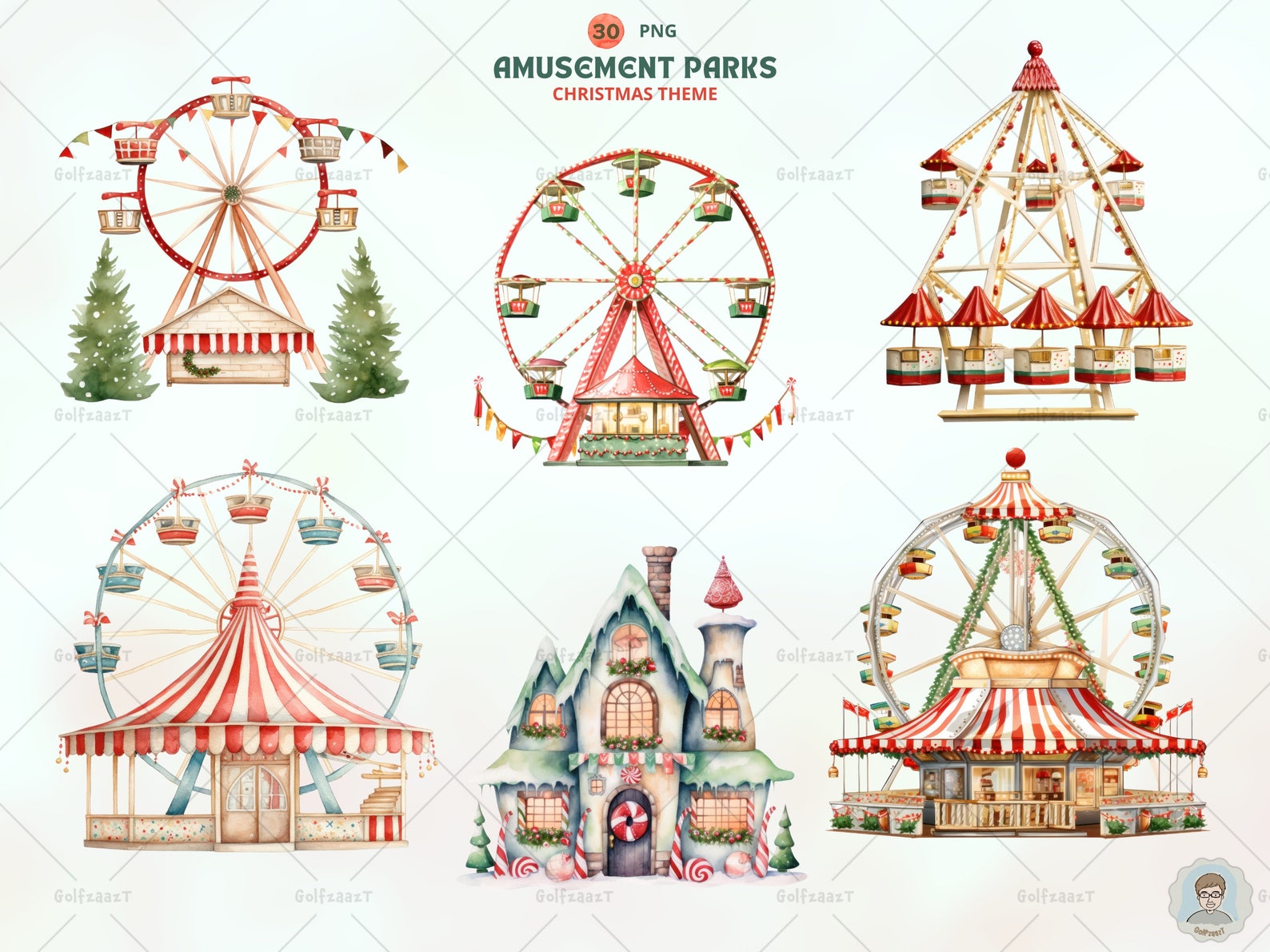 Watercolor Amusement Park, Circus Carnival, Christmas Theme, Attraction ...