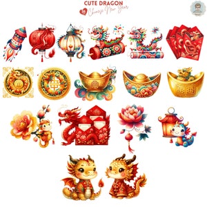 2024 Cute Dragon Clipart, Chinese New Year Watercolor Clipart, Lion ...