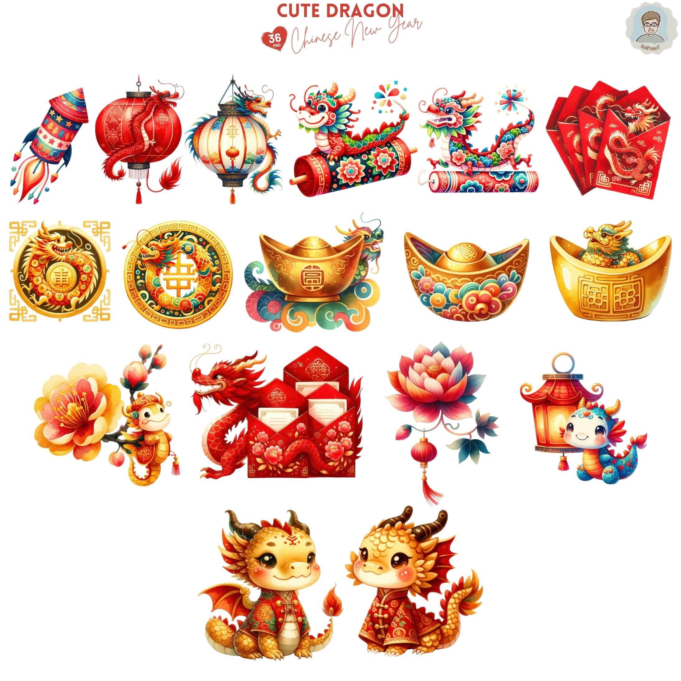 2024 Cute Dragon Clipart, Chinese New Year Watercolor Clipart, Lion ...