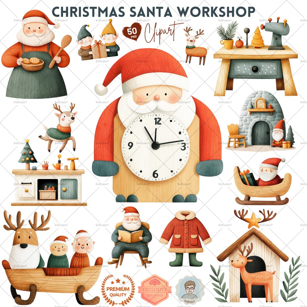 Santa's Workshop Watercolor Clipart Set: Christmas Elves, Reindeer - Etsy