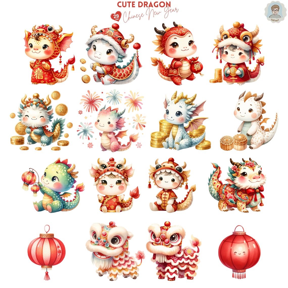2024 Cute Dragon Clipart, Chinese New Year Watercolor Clipart, Lion ...