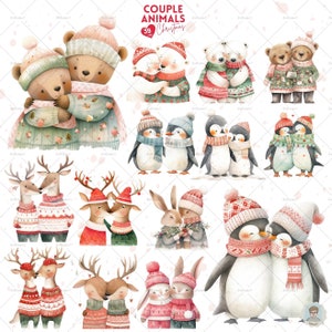 Watercolor Christmas Animal Couple, Romantic Animal Clipart, Romantic ...