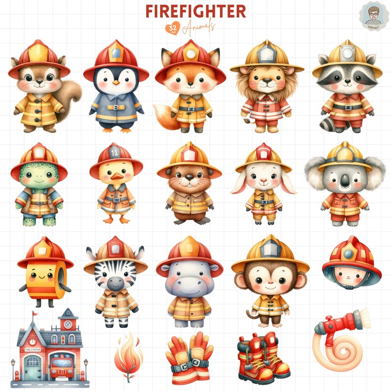 Little Heroes, Firefighter Animals Clipart, Cute Rescue Team PNG ...