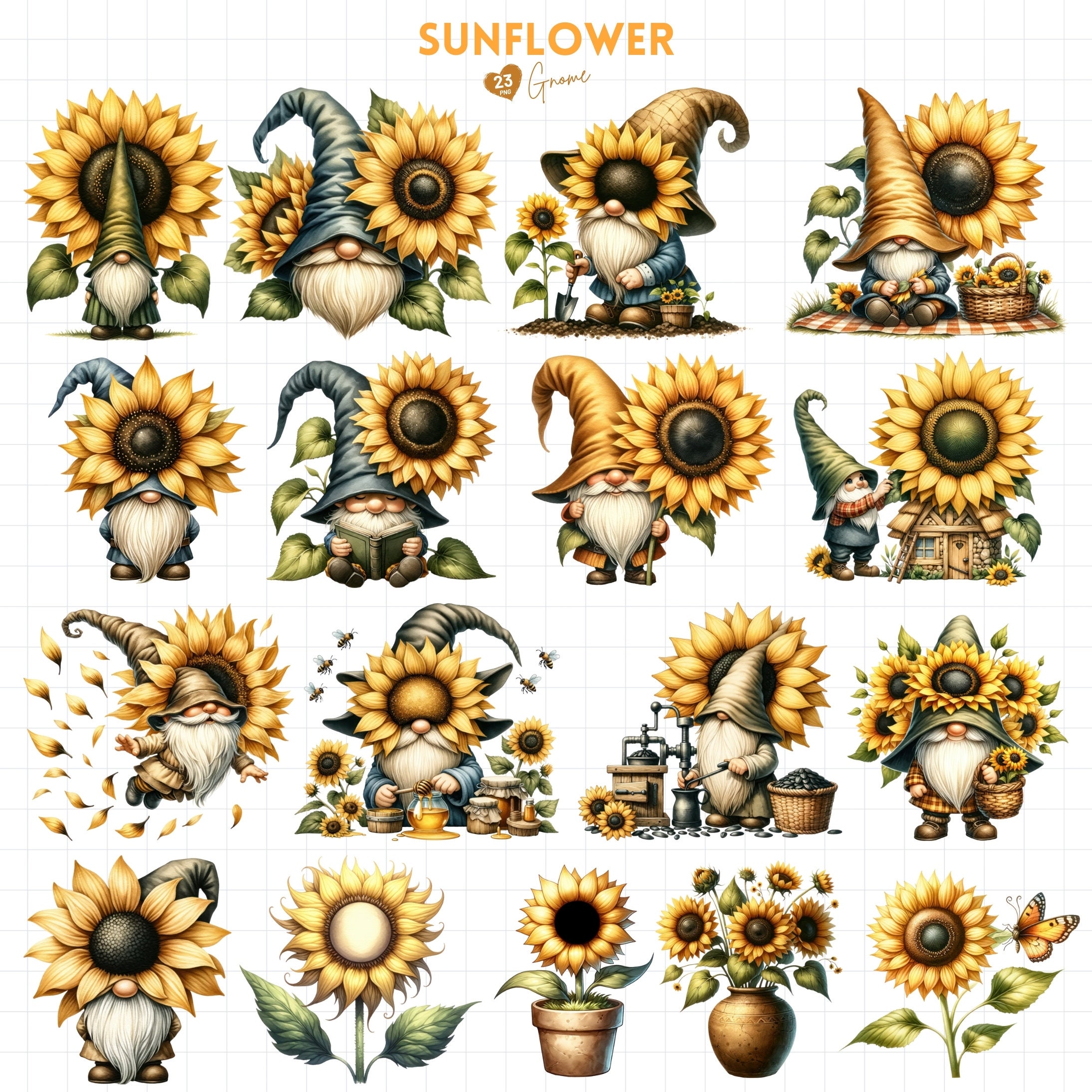 Sunflower Gnome Clipart Bundle: Spring Garden PNG (commercial Use) - Etsy