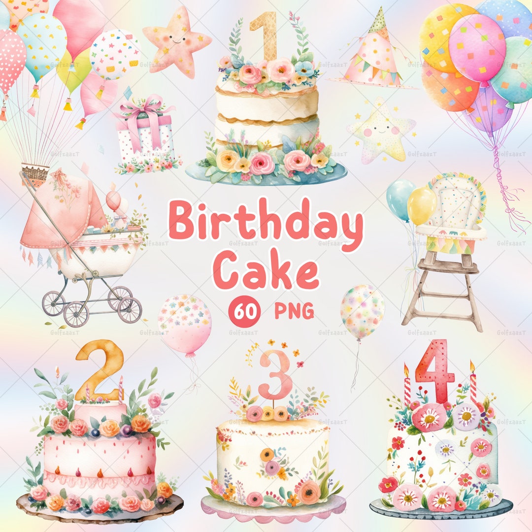 60 Watercolor Birthday PNG Clipart Bundle, Birthday Cake 1-9 Year Olds ...