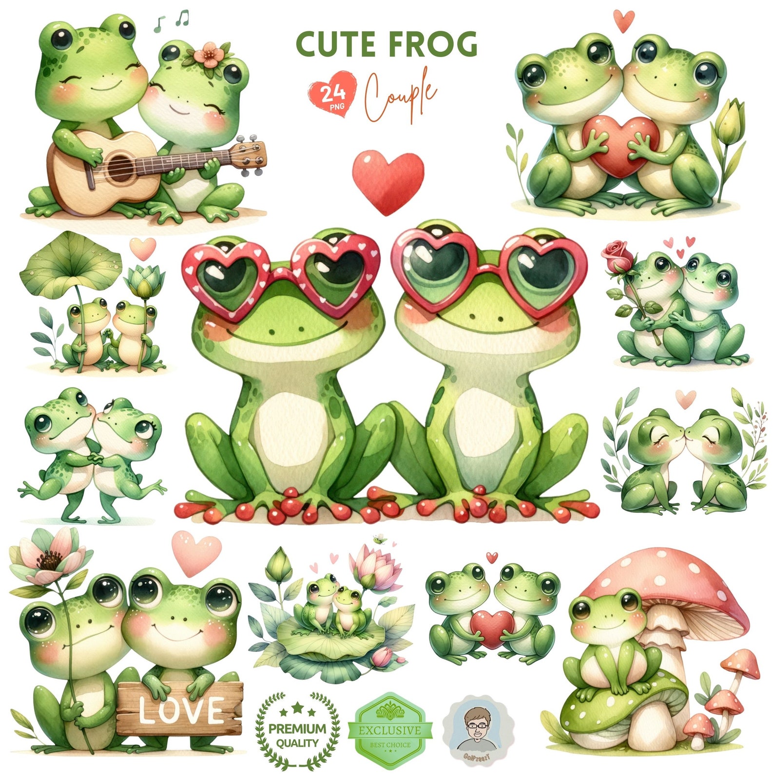 Cute Couple Frog Clipart, Watercolor Wetlands Clipart, Love Frog ...