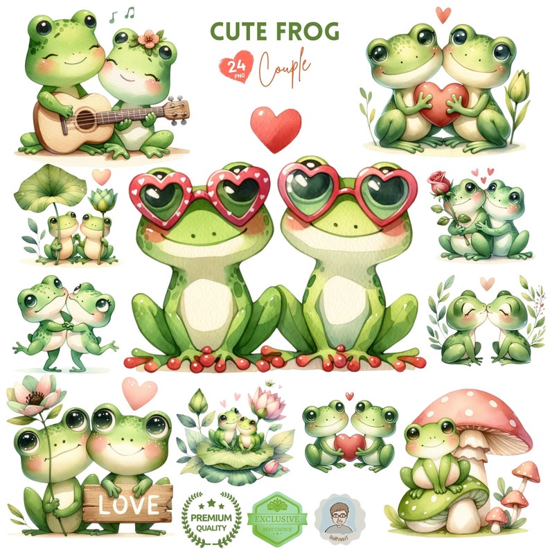 Cute Couple Frog Clipart, Watercolor Wetlands Clipart, Love Frog ...