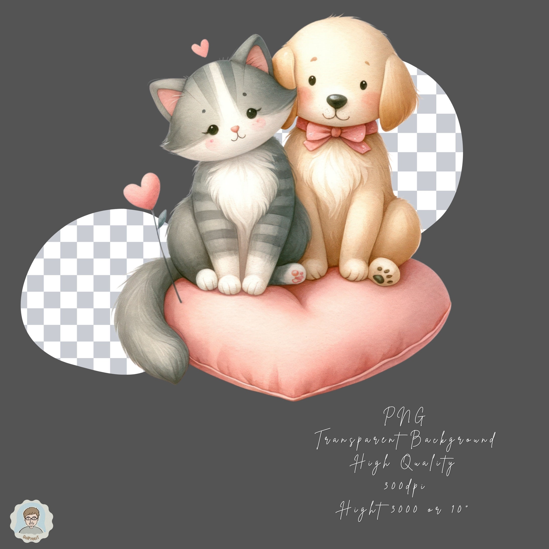 Watercolor Cats and Dogs in Love Clipart, Cat-dog Couple Png, Romantic ...