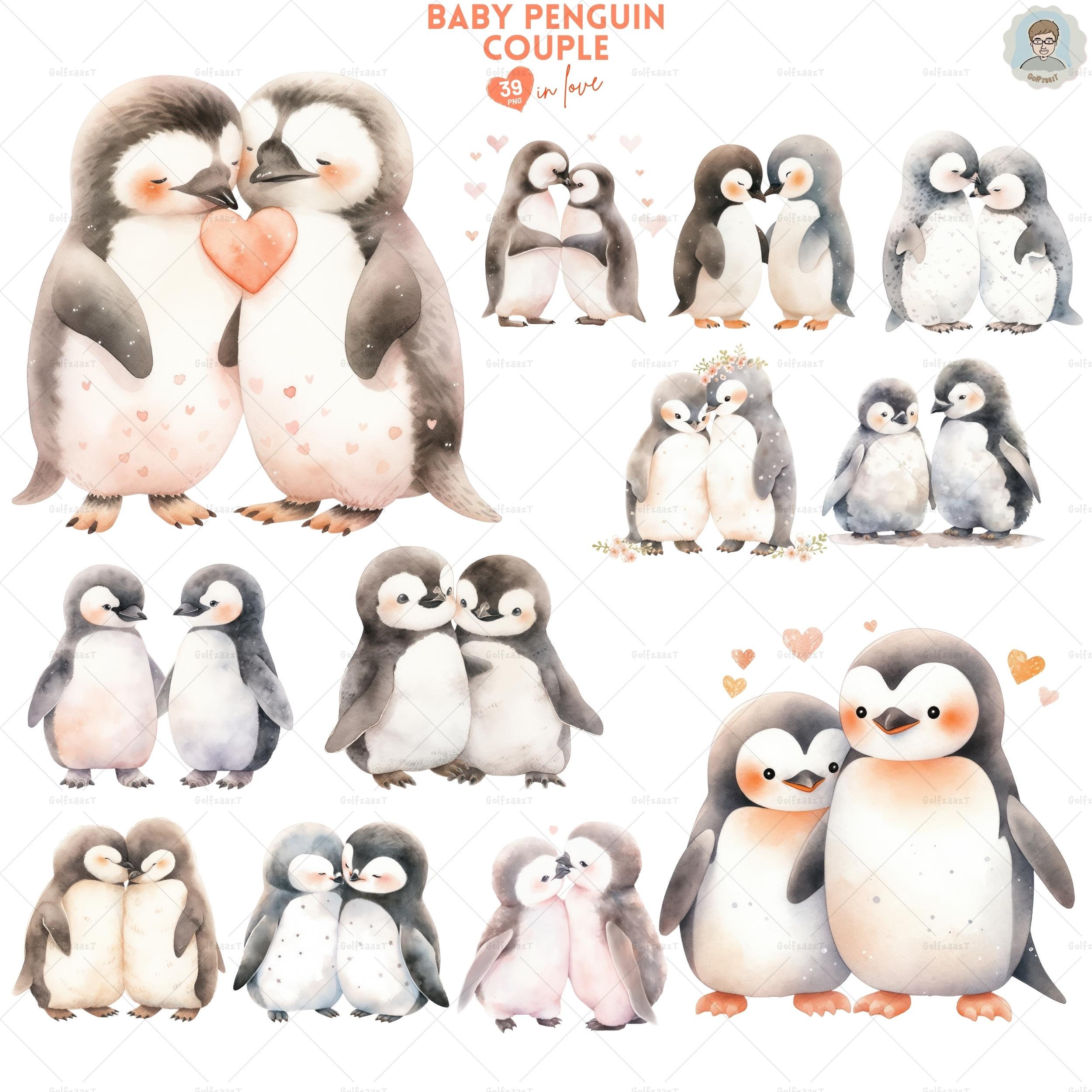 Watercolor Penguin Couple, Baby Penguins Clipart, Romantic Animal ...