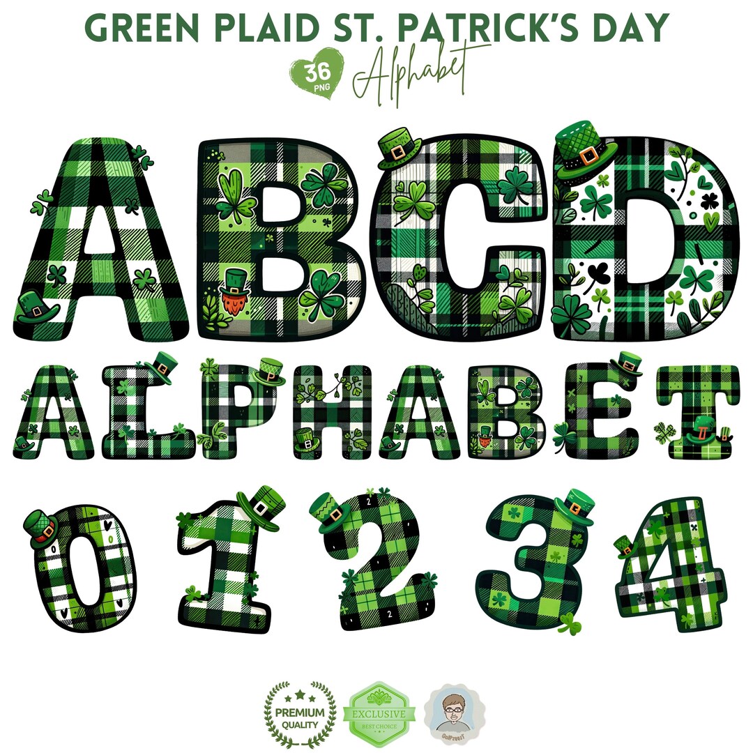 Green Buffalo Plaid St. Patrick's Day Alphabet Clipart, Letters-numbers ...