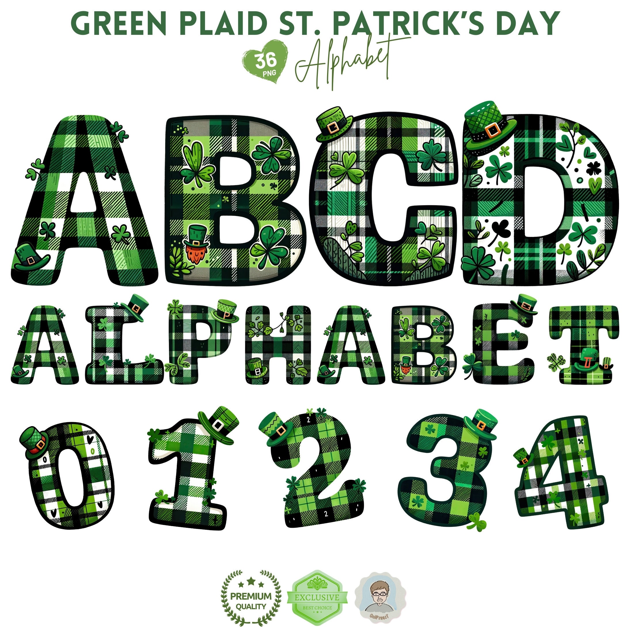Green Buffalo Plaid St. Patrick's Day Alphabet Clipart, Letters-numbers ...