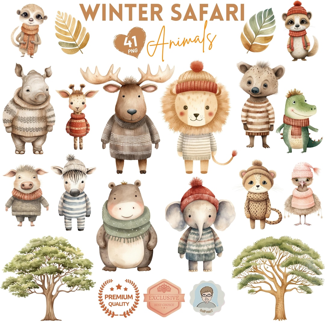 Winter Safari Baby Animal Clipart, Jungle Animal Nursery, Watercolor ...