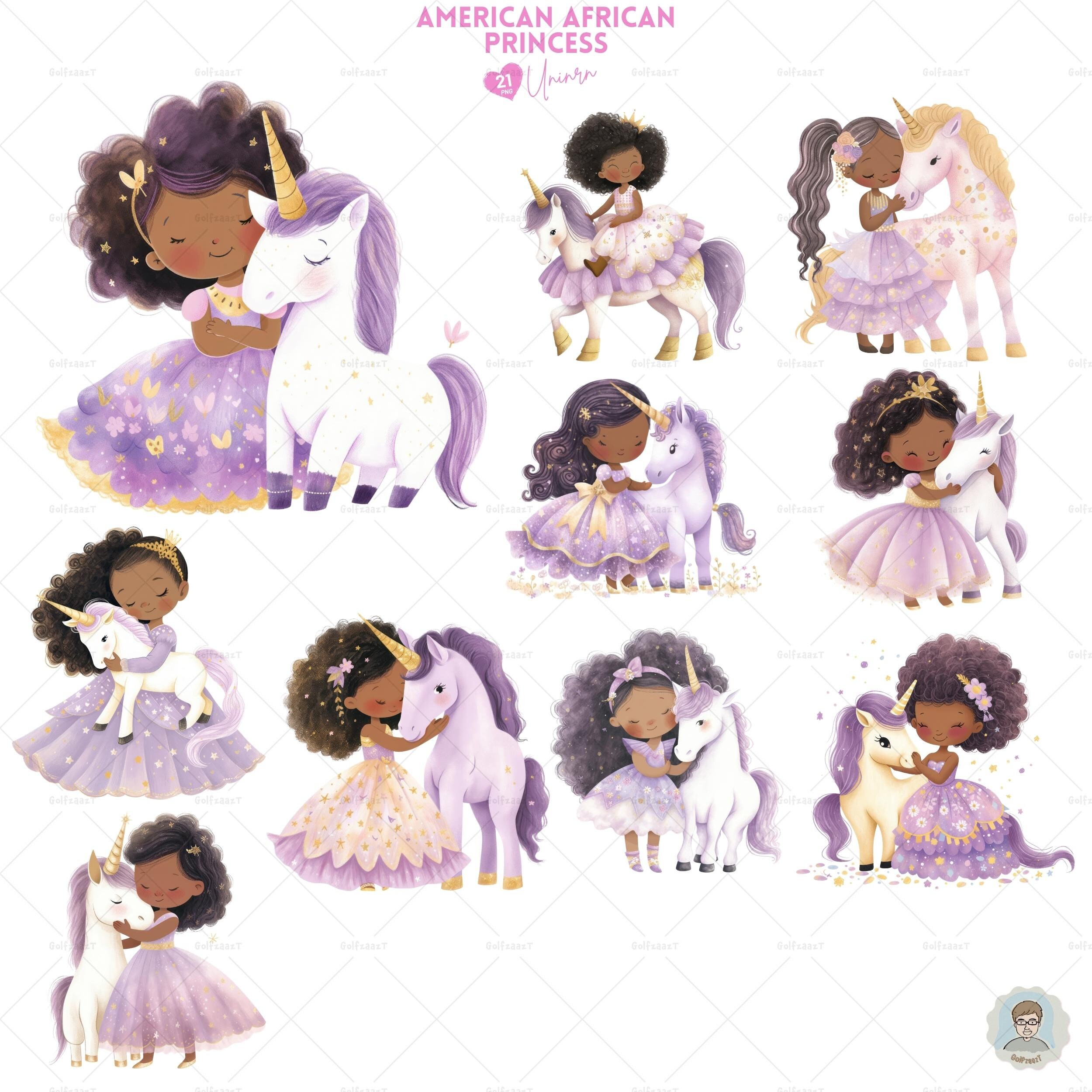 Cute American African Princess & Unicorn Clipart, Purple Princess PNG ...