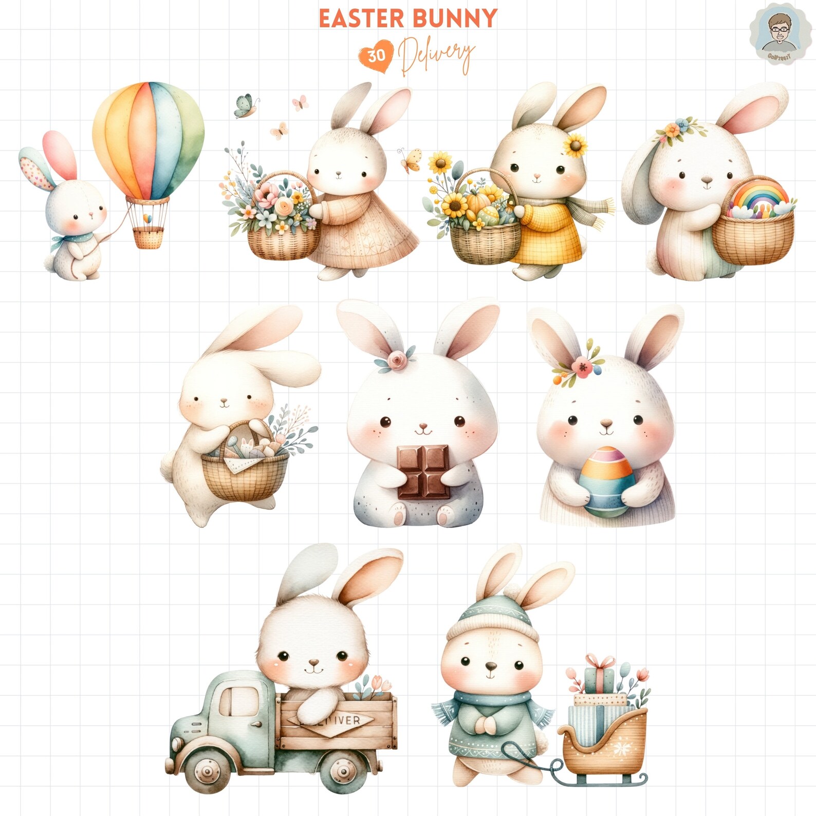 Easter Bunny Delivery Clipart, Adorable Springtime Bunny PNG Collection ...