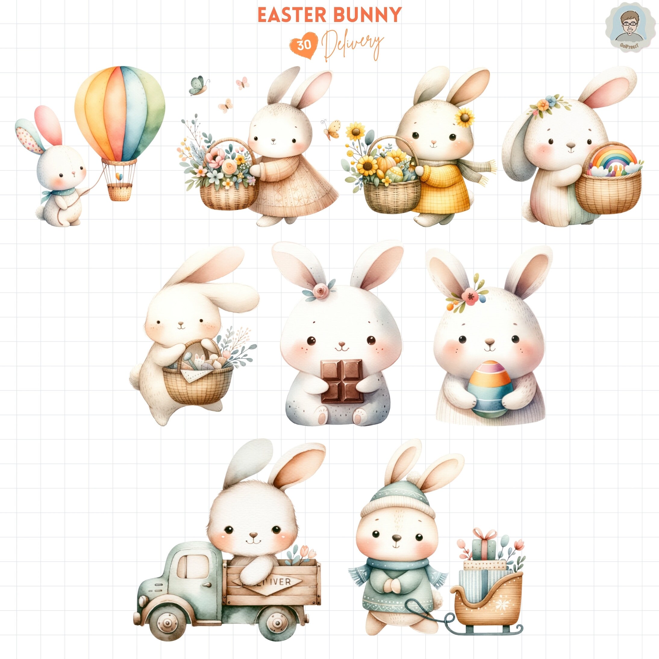 Easter Bunny Delivery Clipart, Adorable Springtime Bunny PNG Collection ...
