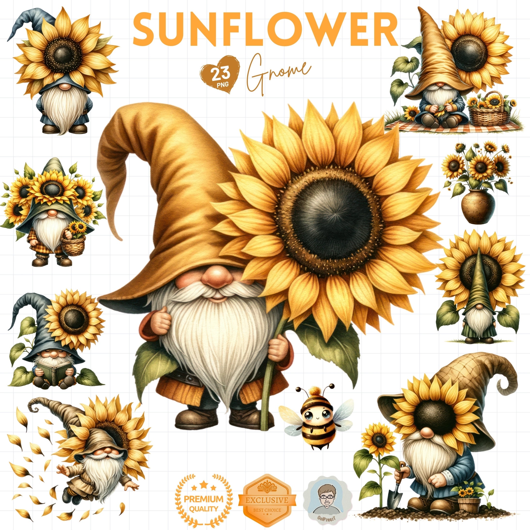 Sunflower Gnome Clipart Bundle: Spring Garden PNG (commercial Use) - Etsy