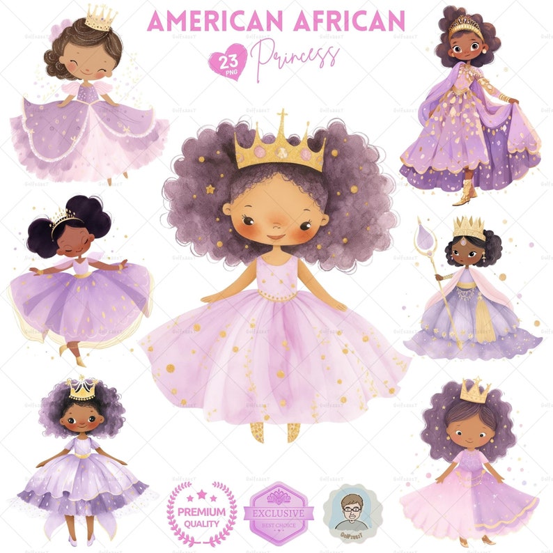 Cute American African Princess Clipart, Purple Princess PNG, Cute Girl ...