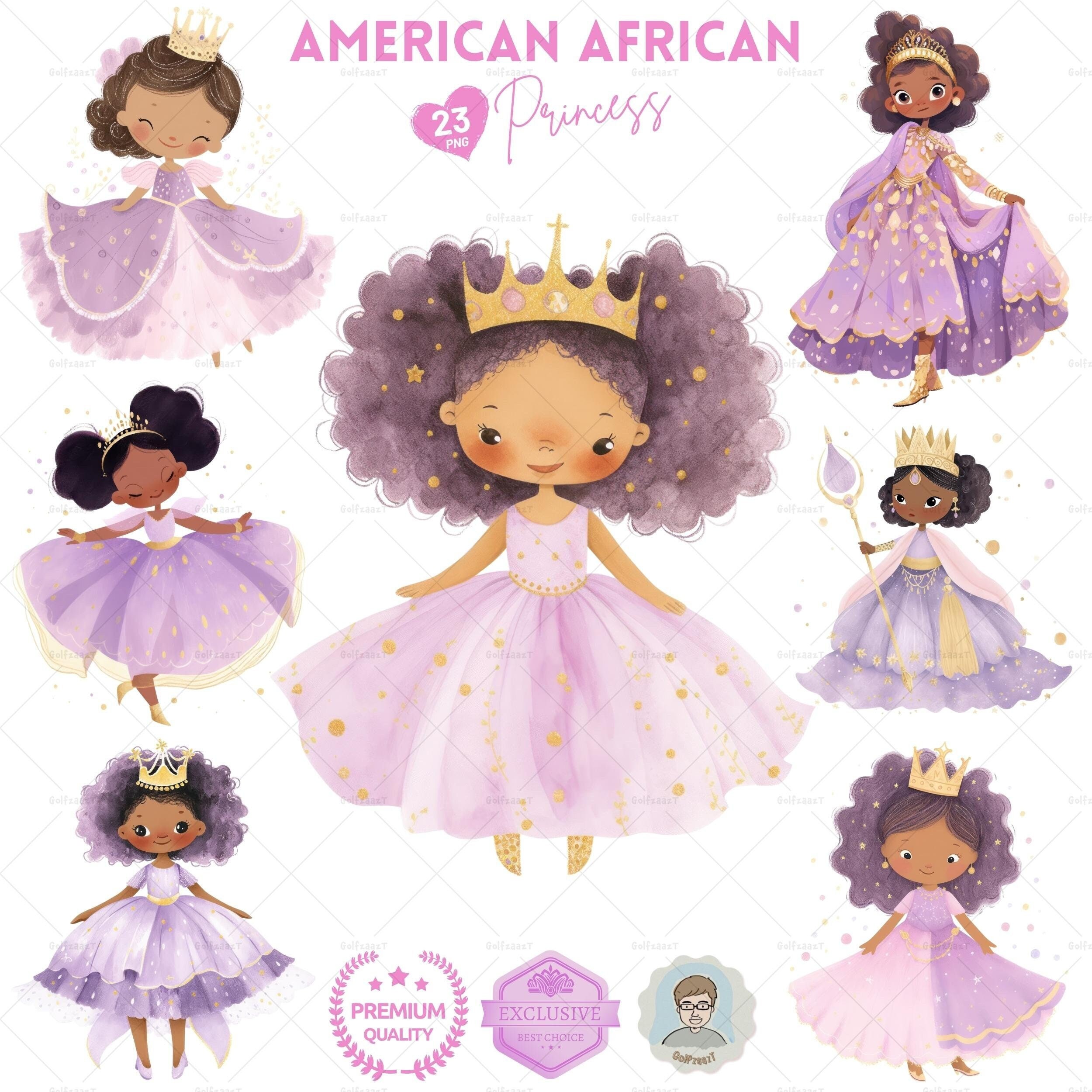 Cute American African Princess Clipart, Purple Princess PNG, Cute Girl ...