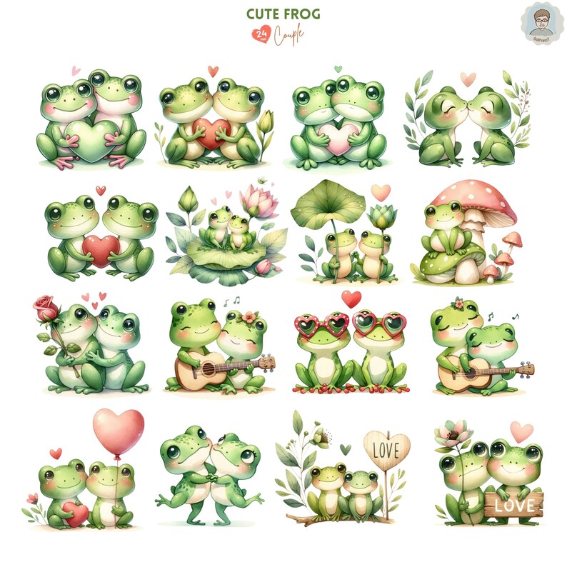 Cute Couple Frog Clipart, Watercolor Wetlands Clipart, Love Frog ...