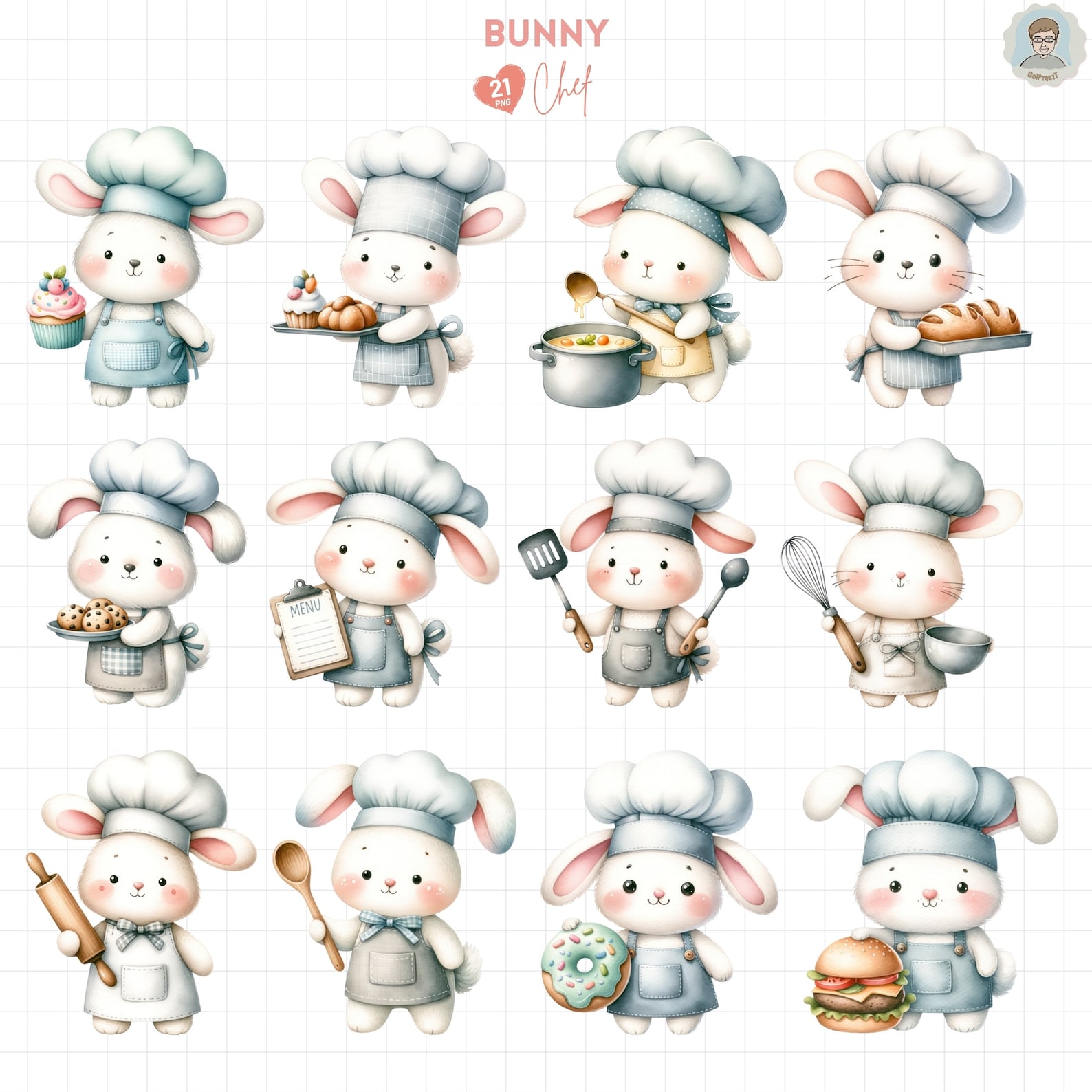 Bunny Chef Clipart, Adorable Rabbit Cooking Pngs Collection, for ...