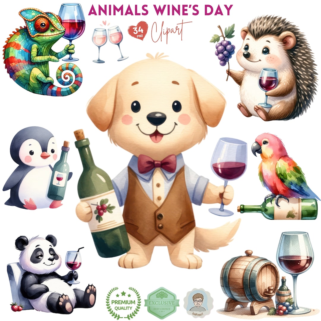 Animals Wine's Day Clipart, Adorable Creatures With Wine PNG Collection ...