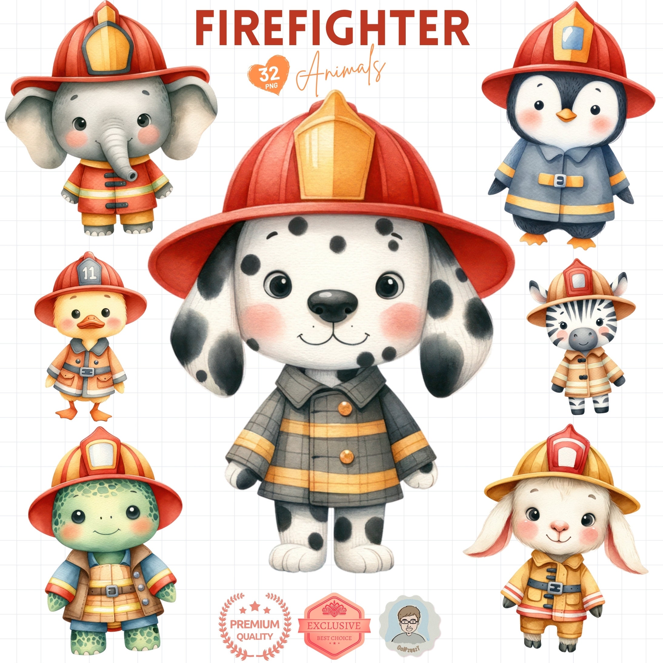 Little Heroes, Firefighter Animals Clipart, Cute Rescue Team PNG ...