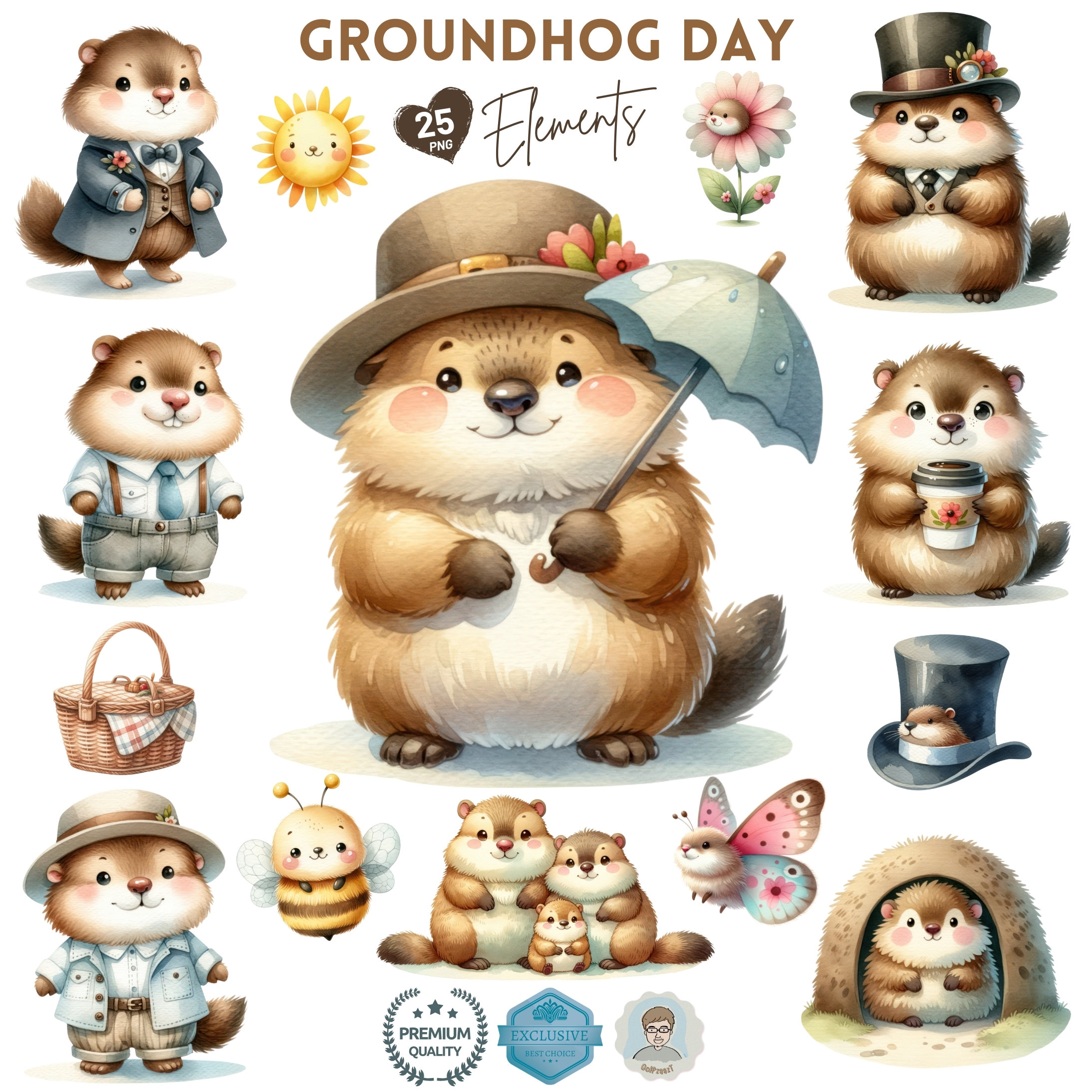 Cute Watercolor Groundhog Day Clipart, Happy Groundhog, Marmot Clipart ...