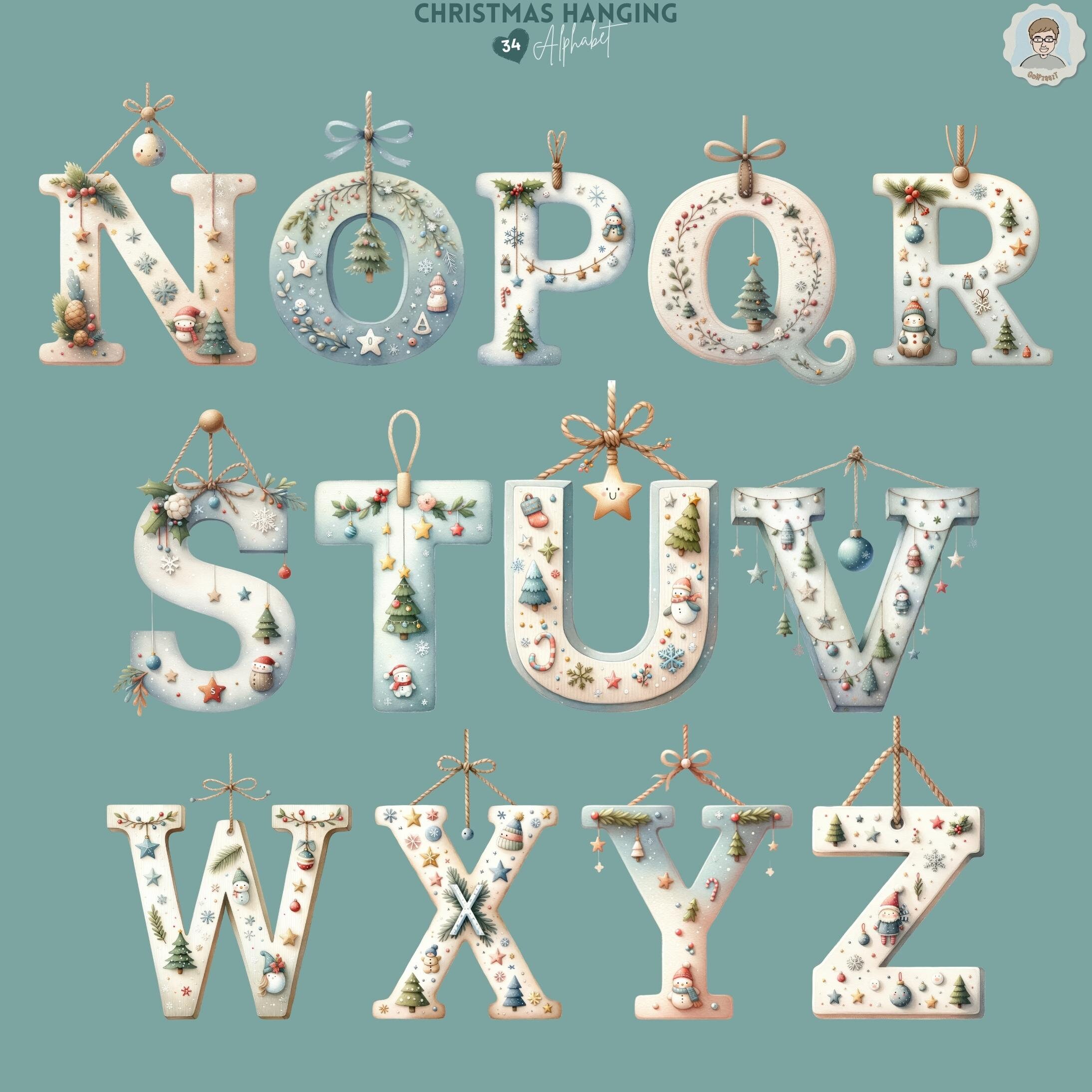 Nursery Christmas Hanging Letters, Font Alphabet Clipart PNG Set ...