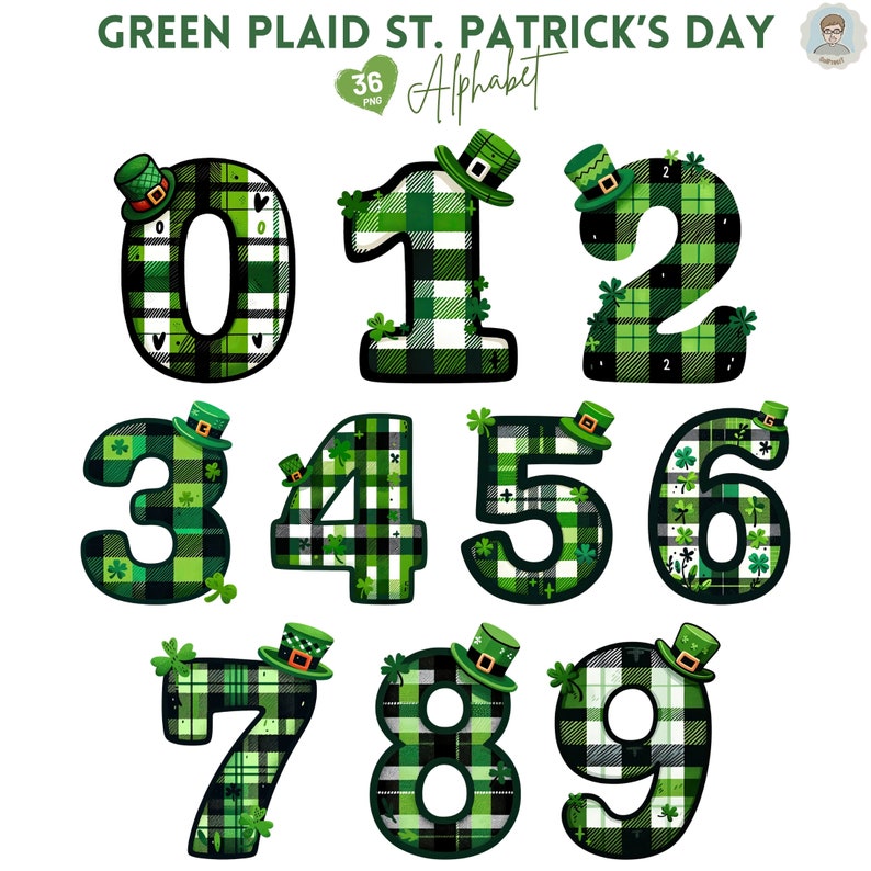 Green Buffalo Plaid St. Patrick's Day Alphabet Clipart, Letters-numbers ...