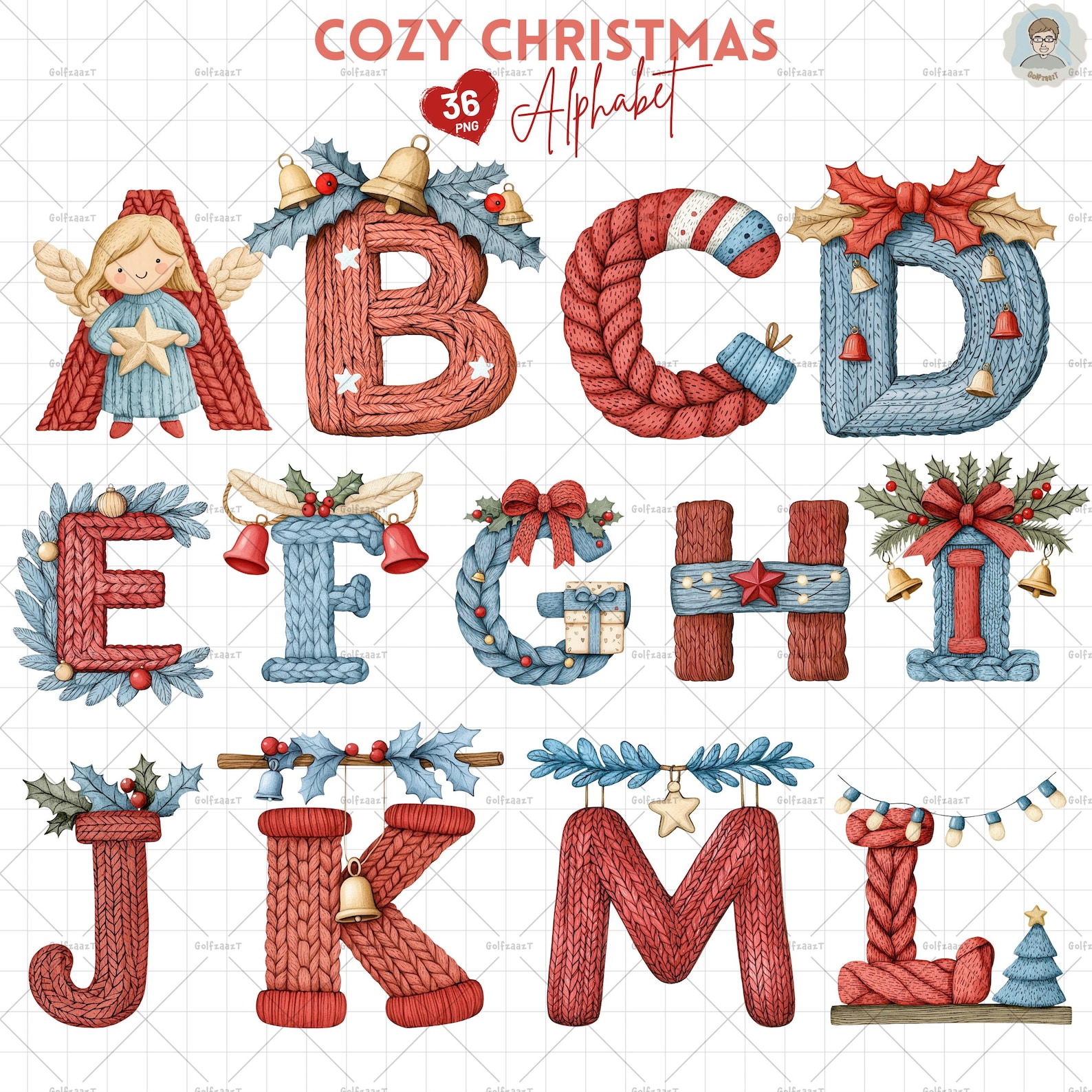 Cozy Christmas Alphabet Clipart, Knitted PNG Letters & Numbers, Bold ...