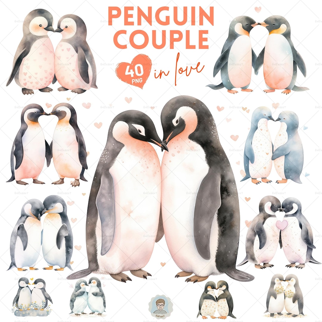 Watercolor Penguin Couple Love, Penguins Clipart, Romantic Animal ...