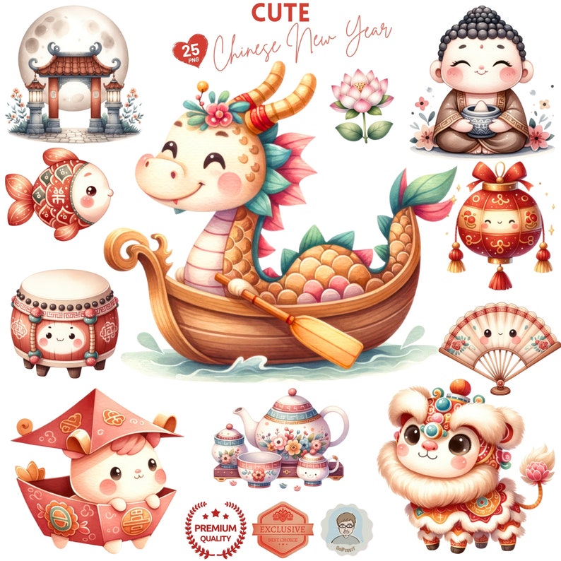 2024 Cute Chinese New Year Watercolor Clipart, Traditional Chinese ...